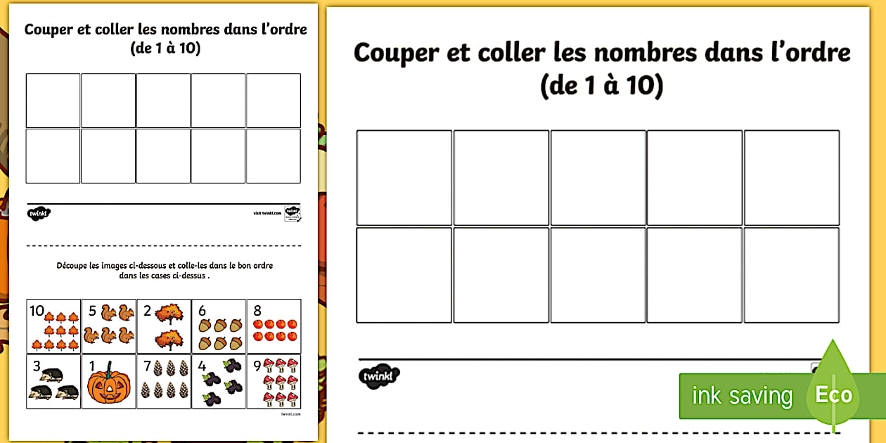 Fiche d'activités sur le thème de l'automne : Couper et coller les nombres