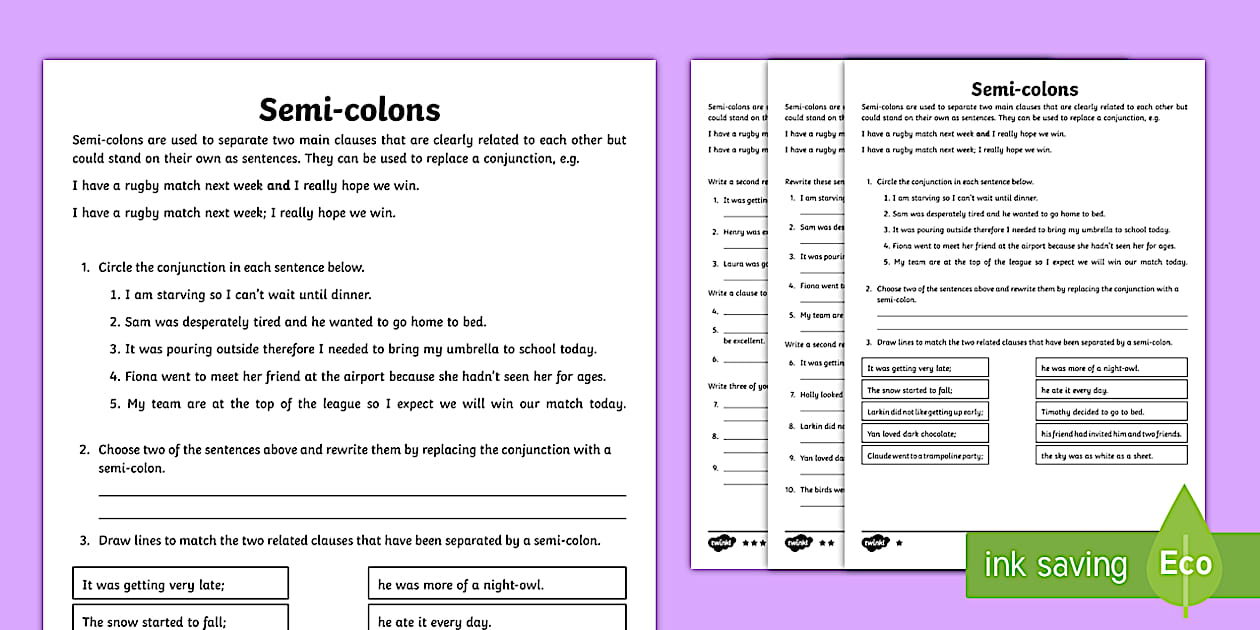 Editable Using Semi-Colons Worksheet - Twinkl