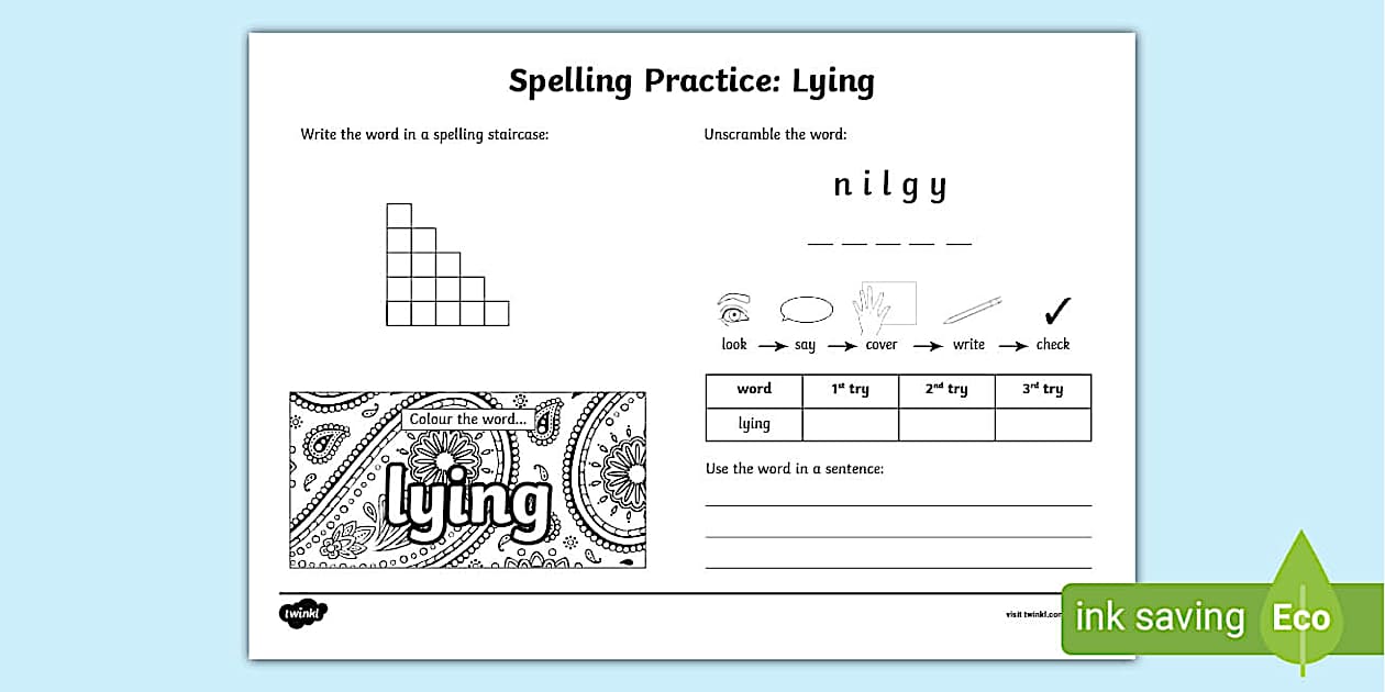 Lying Spelling Practice Worksheet (teacher made) - Twinkl