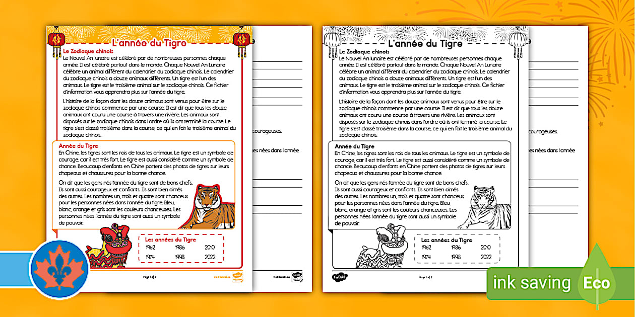 Year of the Tiger Fact File French - Comprehension Exercise