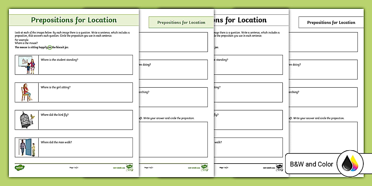 Prepositions for Location Worksheet for 3rd-5th Grade