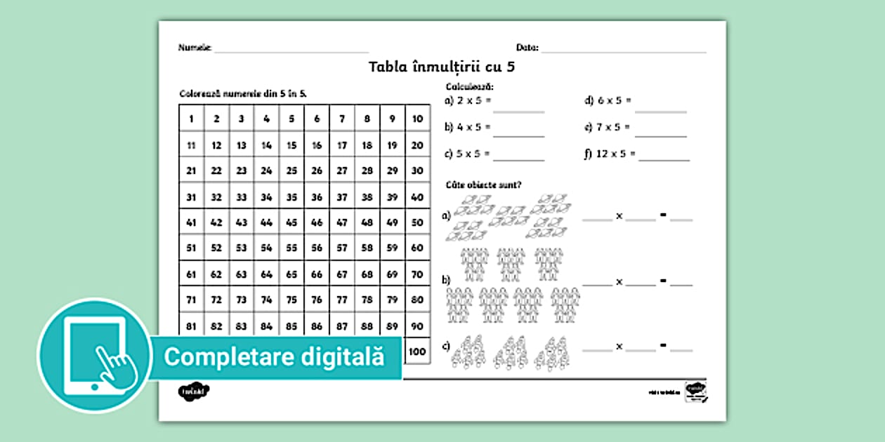Tabla înmulțirii cu 5 - Fișă de lucru - Twinkl