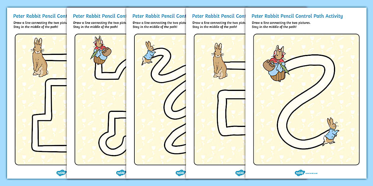 Black and White The Tale of Peter Rabbit Pencil Control Path Worksheets