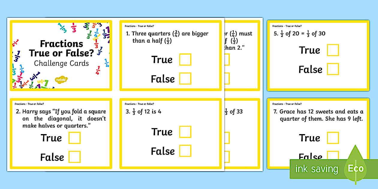 Year 2 Fractions True or False? Challenge Cards - Twinkl