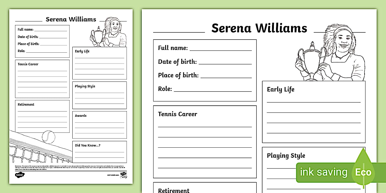 Serena Williams Fact File Template, Serena Williams - Twinkl
