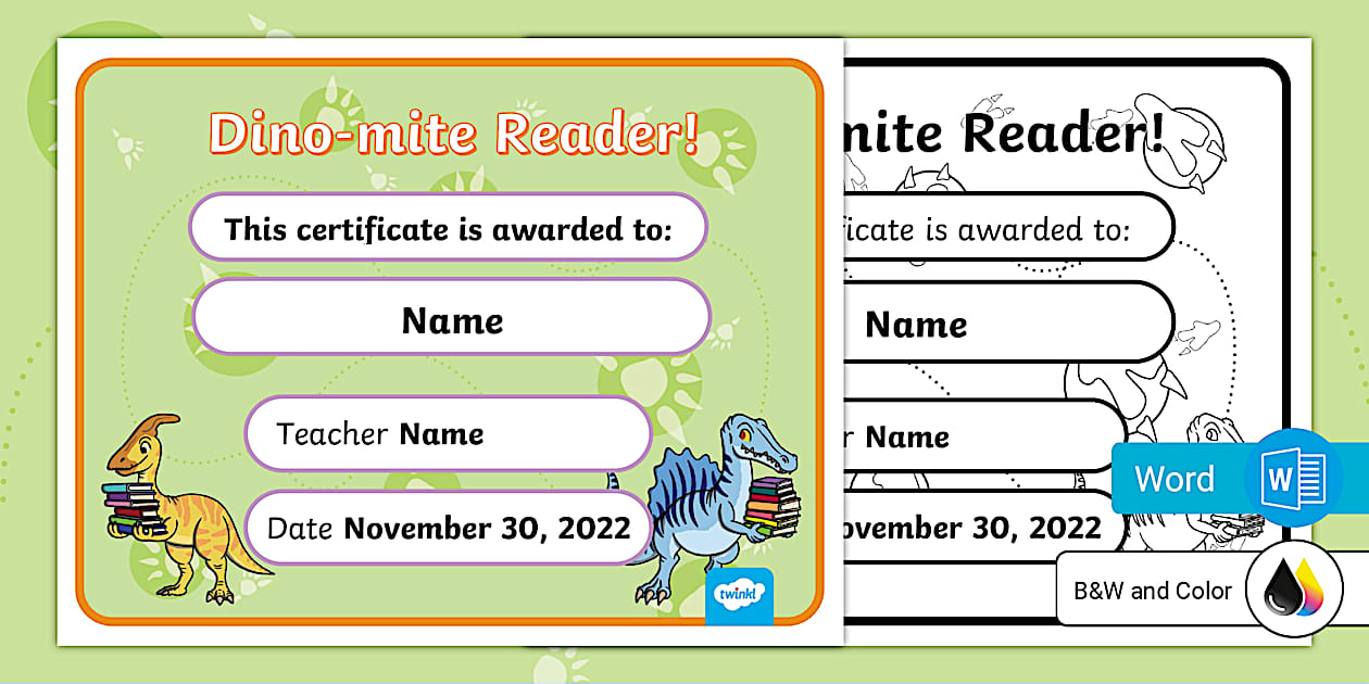Dinosaur Reading Certificate for PreK | Twinkl USA - Twinkl
