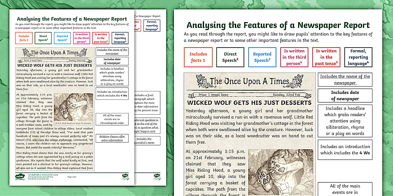 Editable Analysing Features of a Newspaper Report: Little Red Riding Hood