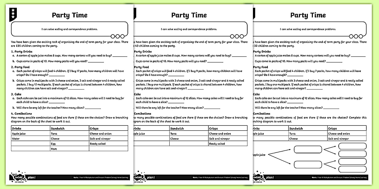 Party Time Scaling and Correspondence Problems Worksheets