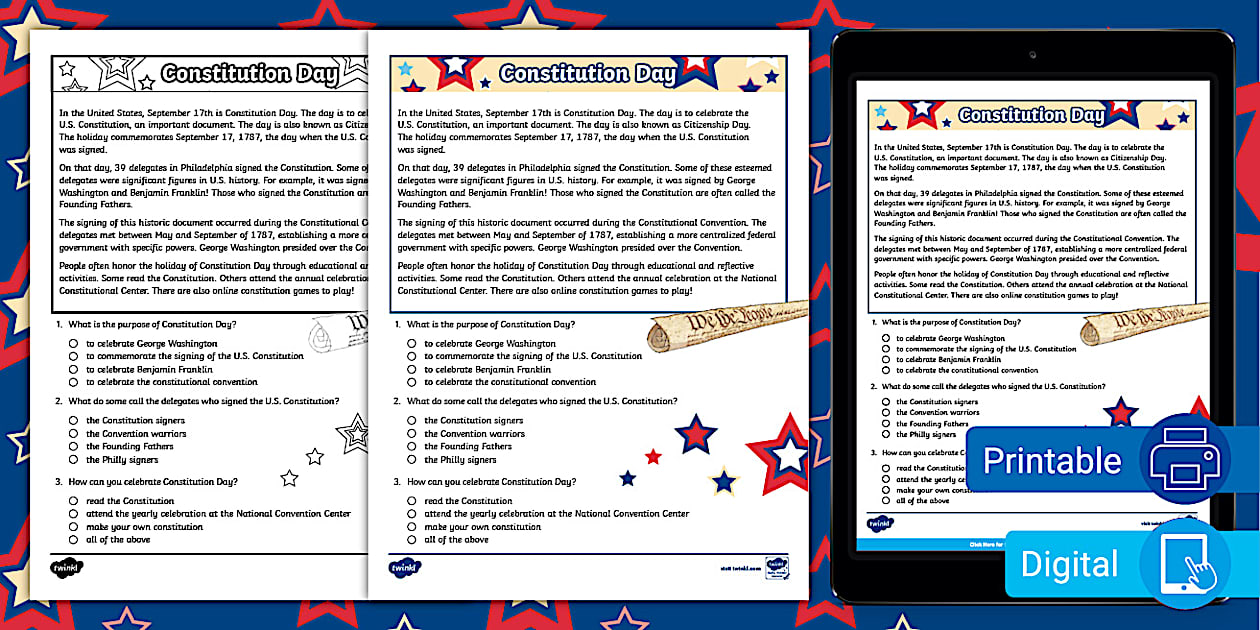 Fifth Grade Constitution Day Reading Passage Comprehension