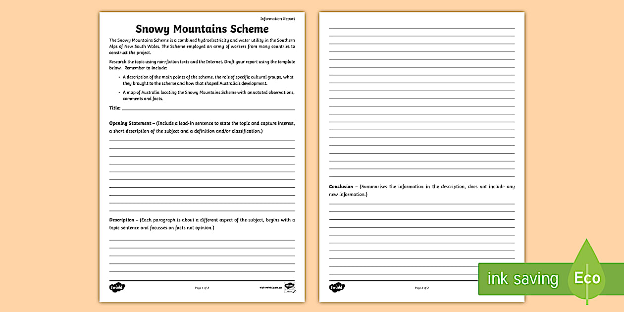 Snowy Mountains Scheme Report Writing Template - Twinkl