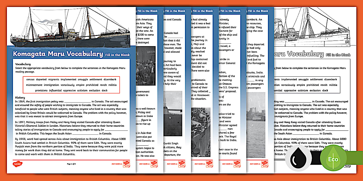 Komagata Maru Vocabulary Fill in the Blank (teacher made)