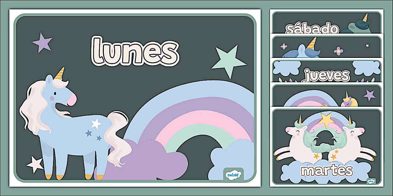 Carteles para asamblea: Días de la semana - Unicornios