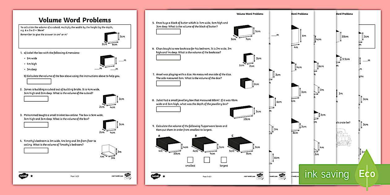 Middle Ability Volume of Rectangular Prism Word Problem Worksheets