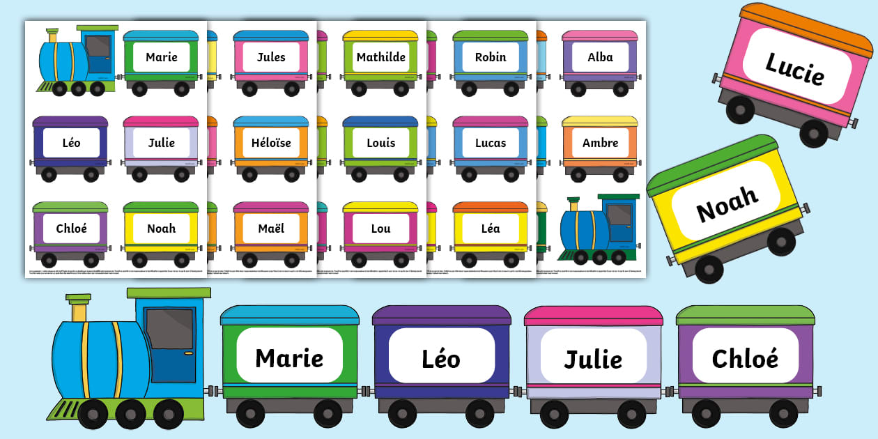 Etiquettes trains de prénoms modifiables