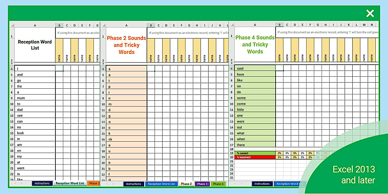 Kindergarten Reception Word List and Phoneme Assessment Spreadsheet