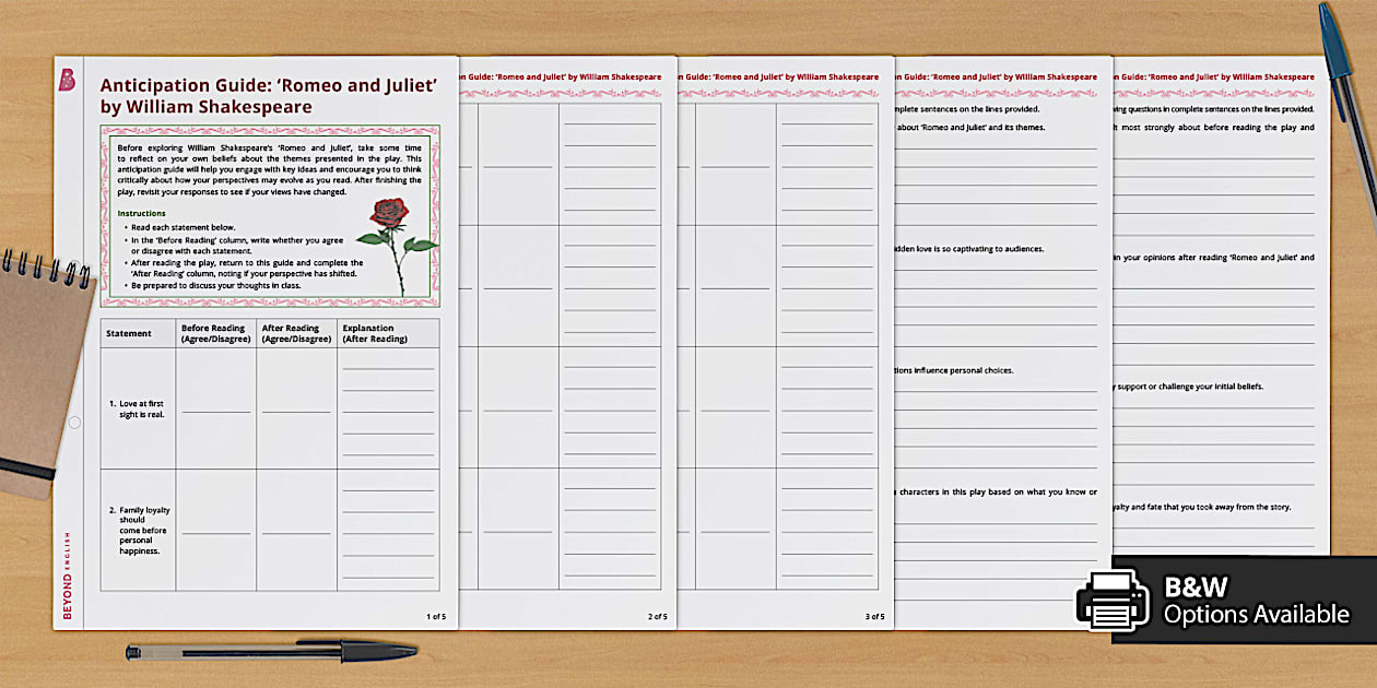 Anticipation Guide: 'Romeo and Juliet' by Shakespeare