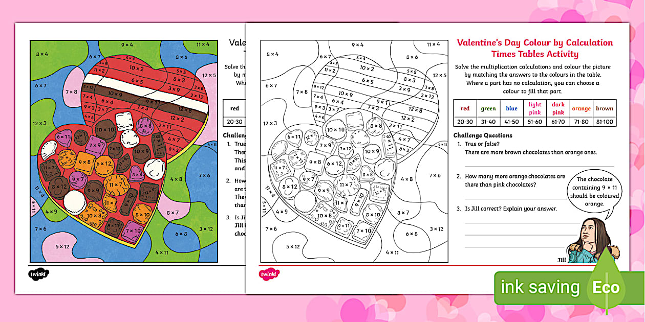 👉 Valentine’s Day Colour by Calculation Times Tables Activity