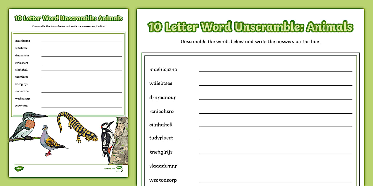 Words 10 Letters Long: Animals Unscramble Worksheet - Twinkl