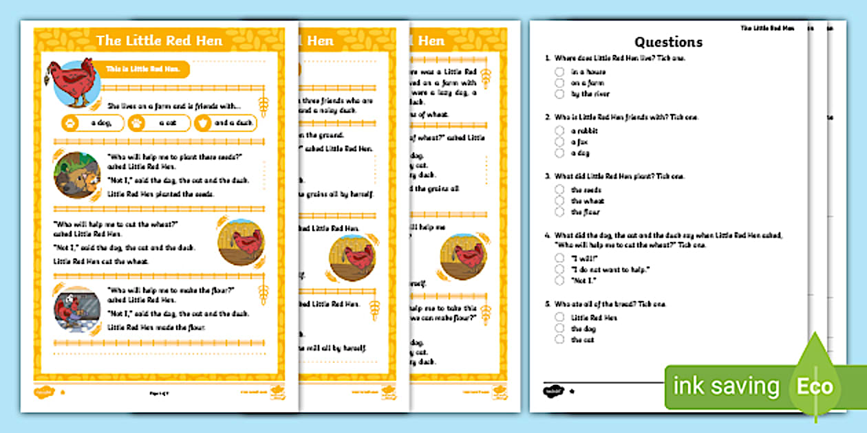 KS1 The Little Red Hen Differentiated Reading Comprehension Activity