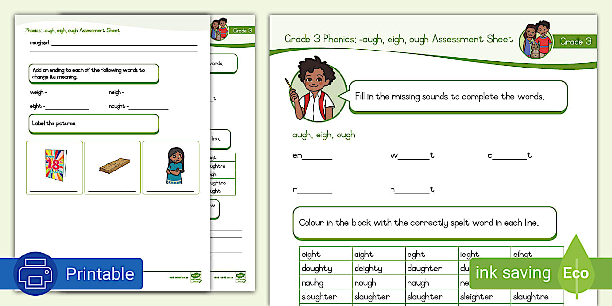 Grade 3 Phonics: augh, eigh, ough: Assessment Sheet