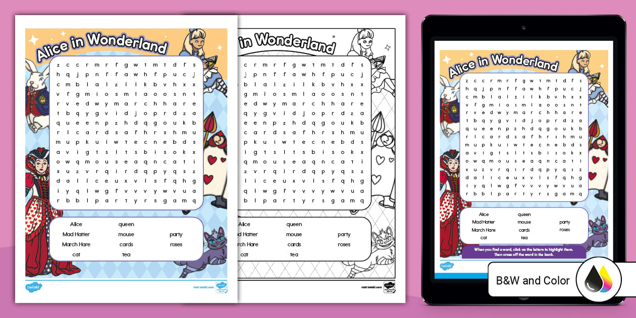 Alice in Wonderland Word Search for K-2nd (teacher made)