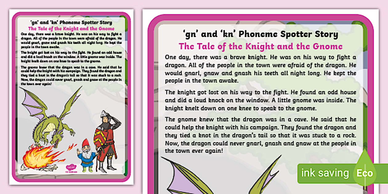 Black and White 'gn' and 'kn' Phoneme Spotter Story - Twinkl