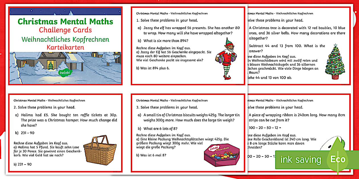 Year 3 Christmas Mental Maths Challenge Cards English/German