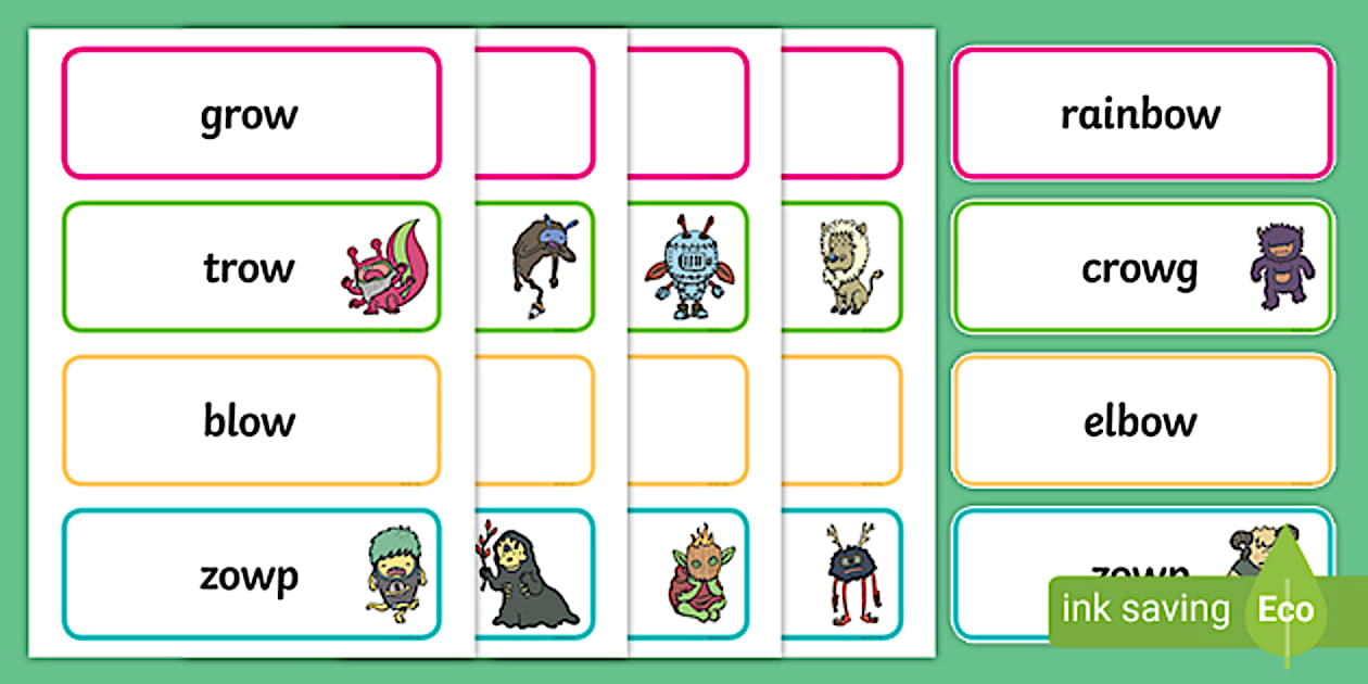 Phase 3 'ow' Flashcards: Real and Nonsense Word Cards
