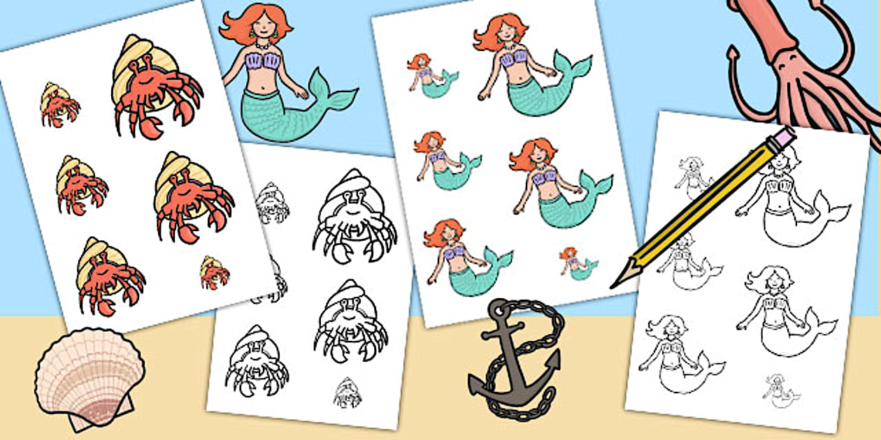 Black and White Mermaid Themed Size Ordering - Twinkl