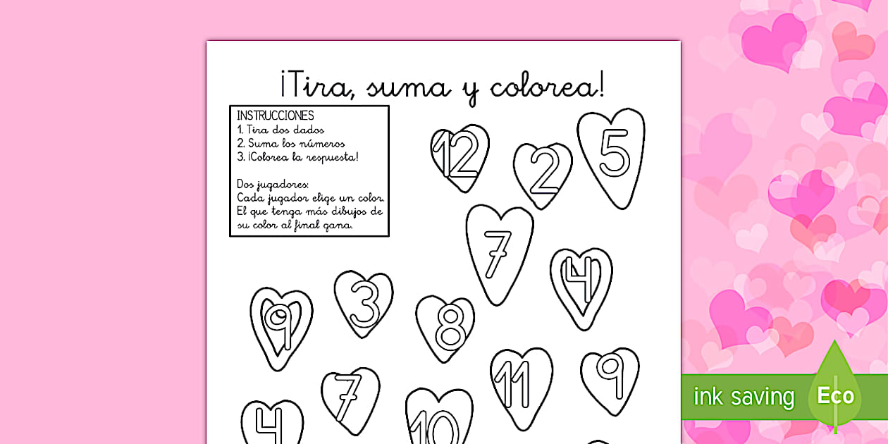 Ficha de actividad: Tira, suma y colorea - Día de San Valentín