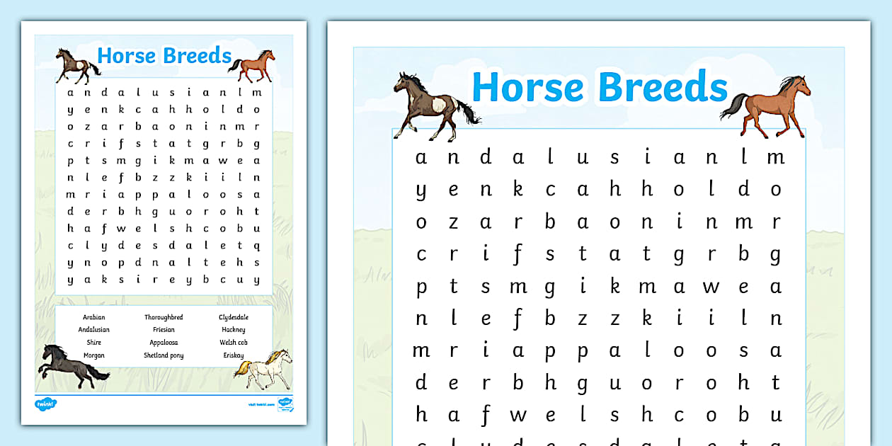 Horse Breeds Word Search - KS2 - Animals - Horses - Mammals