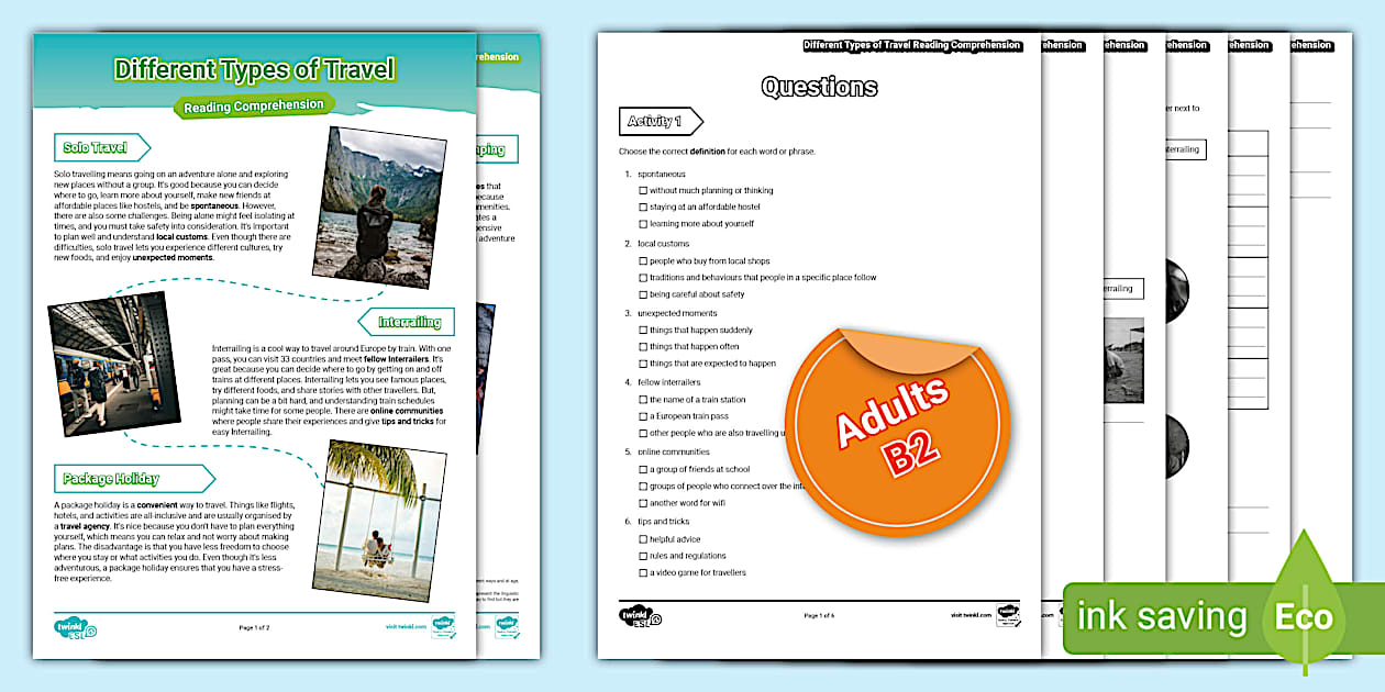 ESL Different Types of Travel Reading Comp [Adults, B2]