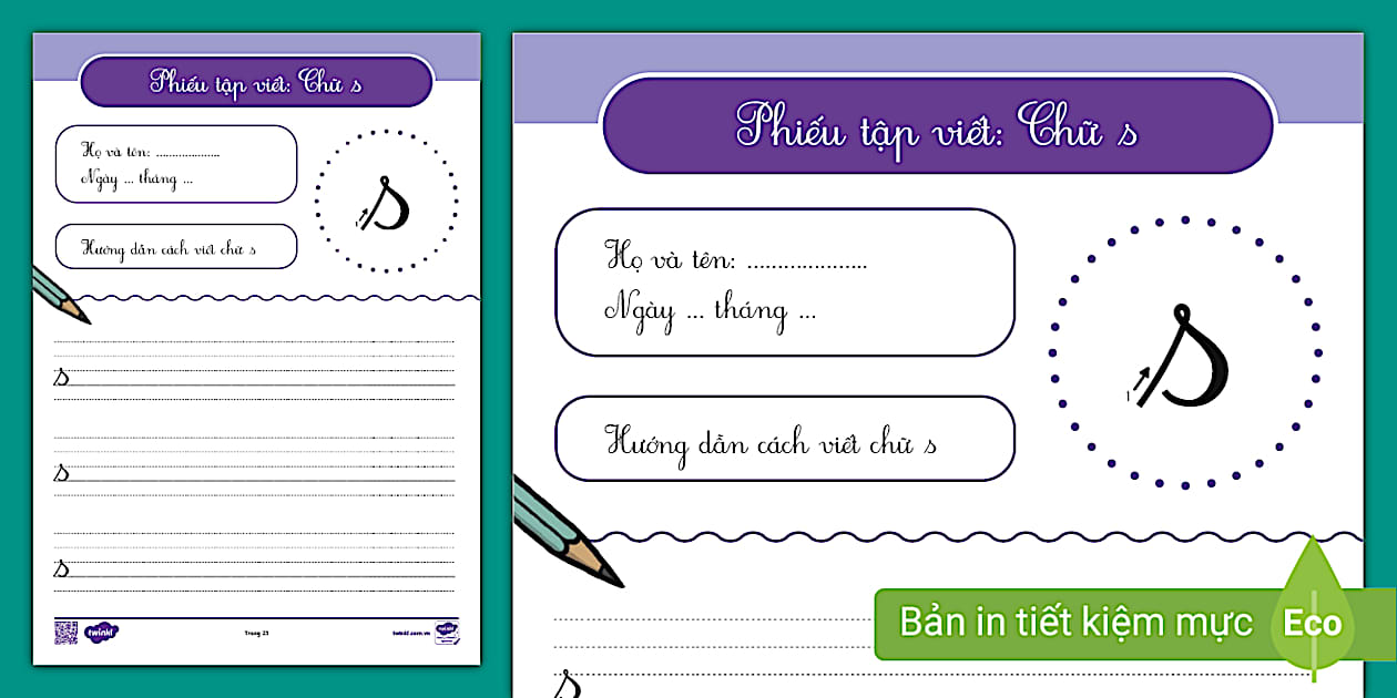 Phiếu tập viết chữ s in thường lớp 1 - Twinkl