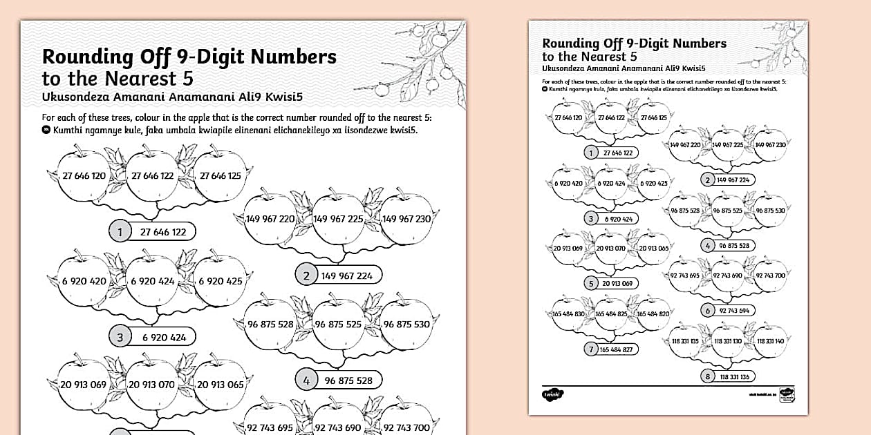 Rounding Off 9-Digit Numbers to the Nearest 5 Activity Sheet IsiXhosa