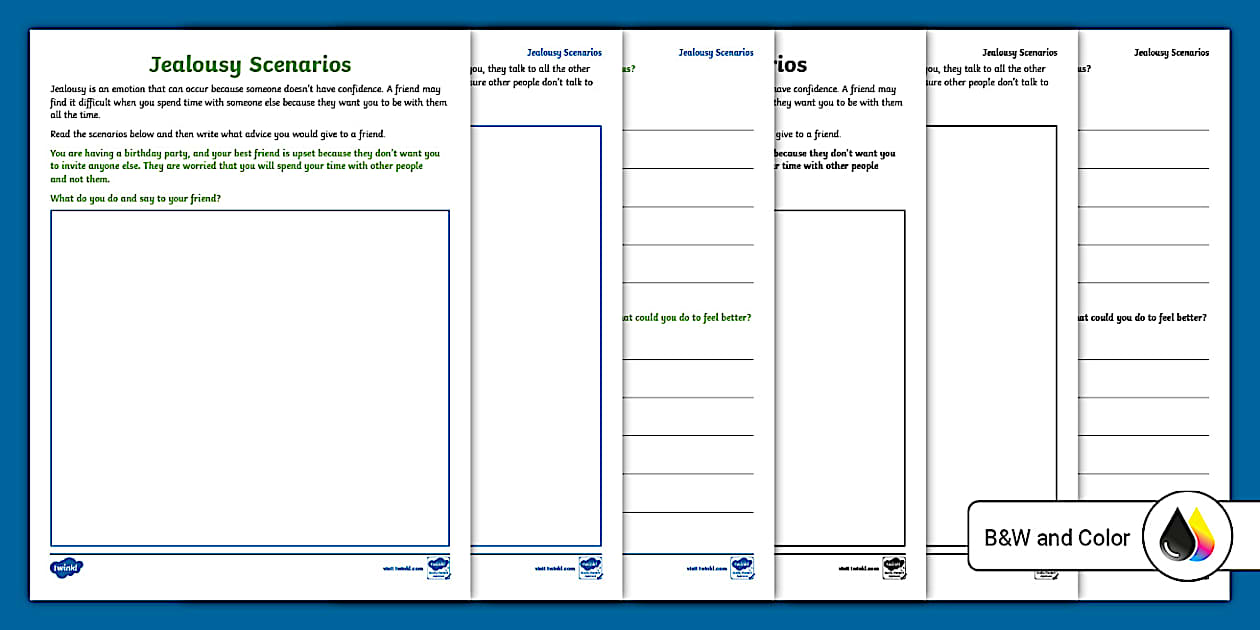 Jealousy Scenarios Worksheet for 3rd-5th Grade - Twinkl