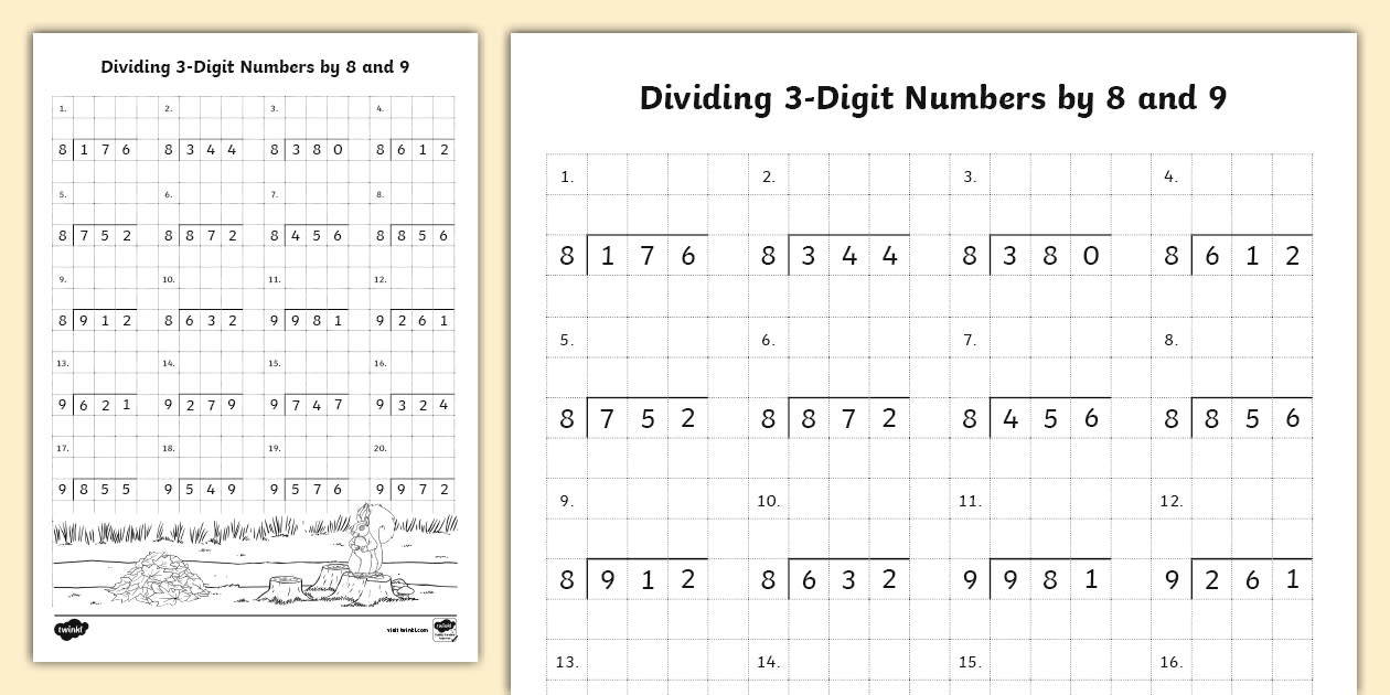 Autumn-Themed Dividing 3-Digit Numbers by 8 and 9 - Twinkl