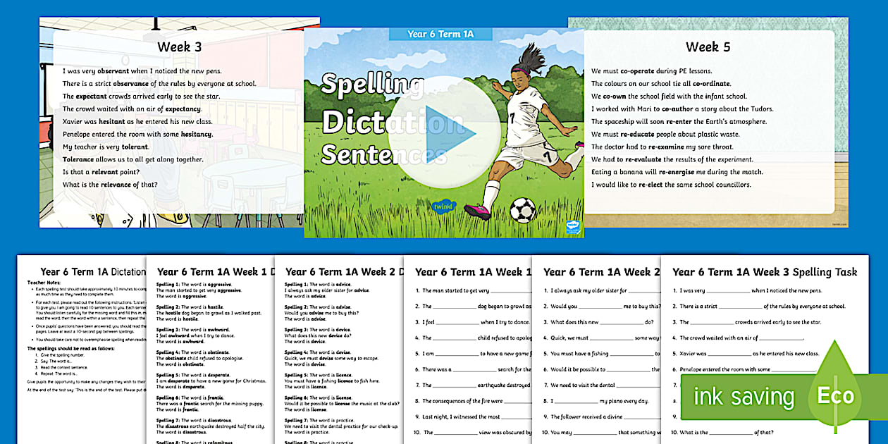 Year 6 Term 1A Spelling Dictation Sentences Activity Pack
