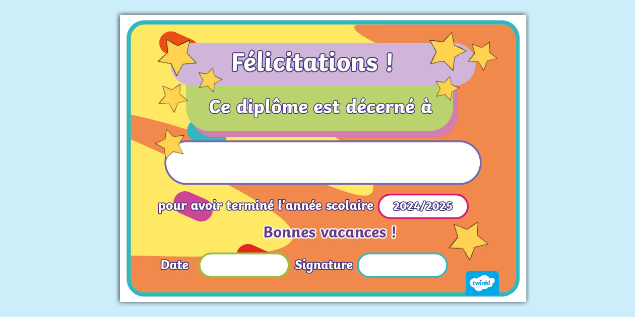 Diplôme de fin d'année scolaire modifiable