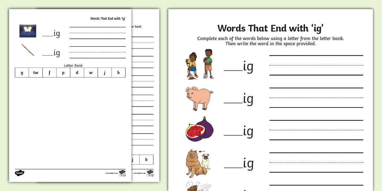 Words Ending in -ig Worksheet (teacher made) - Twinkl