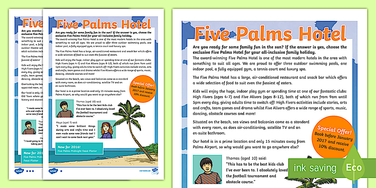 Persuasive Hotel Advertisement Writing Sample - Twinkl