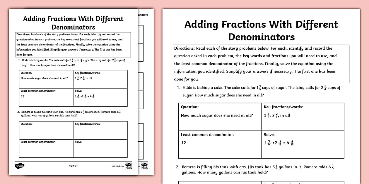 Adding Unequal Fractions with Unlike Denominators Worksheet for 3rd-5th ...