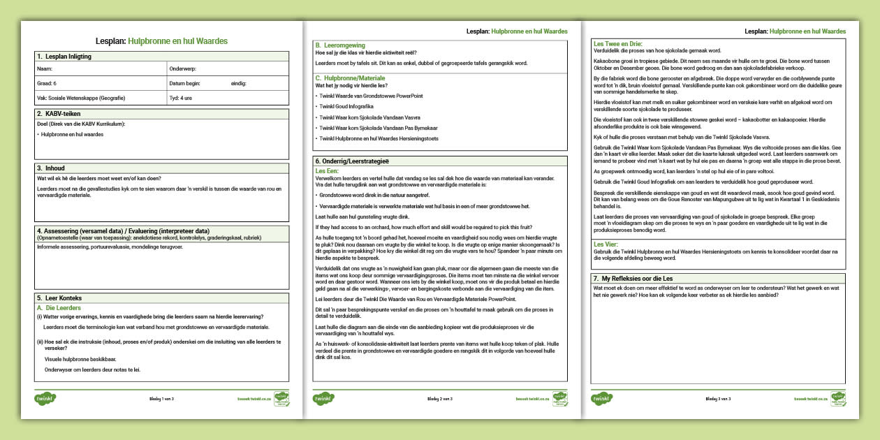 Hulpbronne en Hul Waardes Lesplan (professor feito) - Twinkl