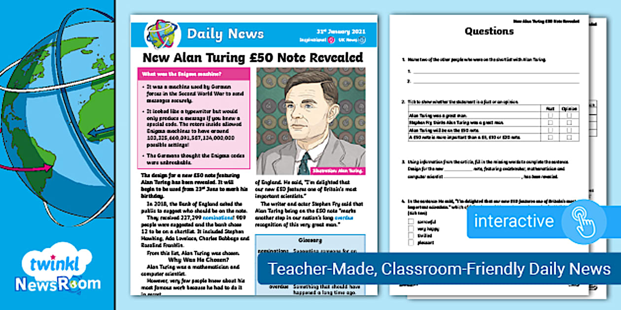 News Story and Questions for Kids 7-9: Alan Turing £50 Note