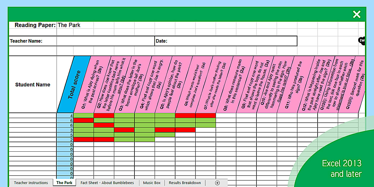 Y6 Reading Analysis Grid for KS2 2019 SAT Paper Assessment Spreadsheet