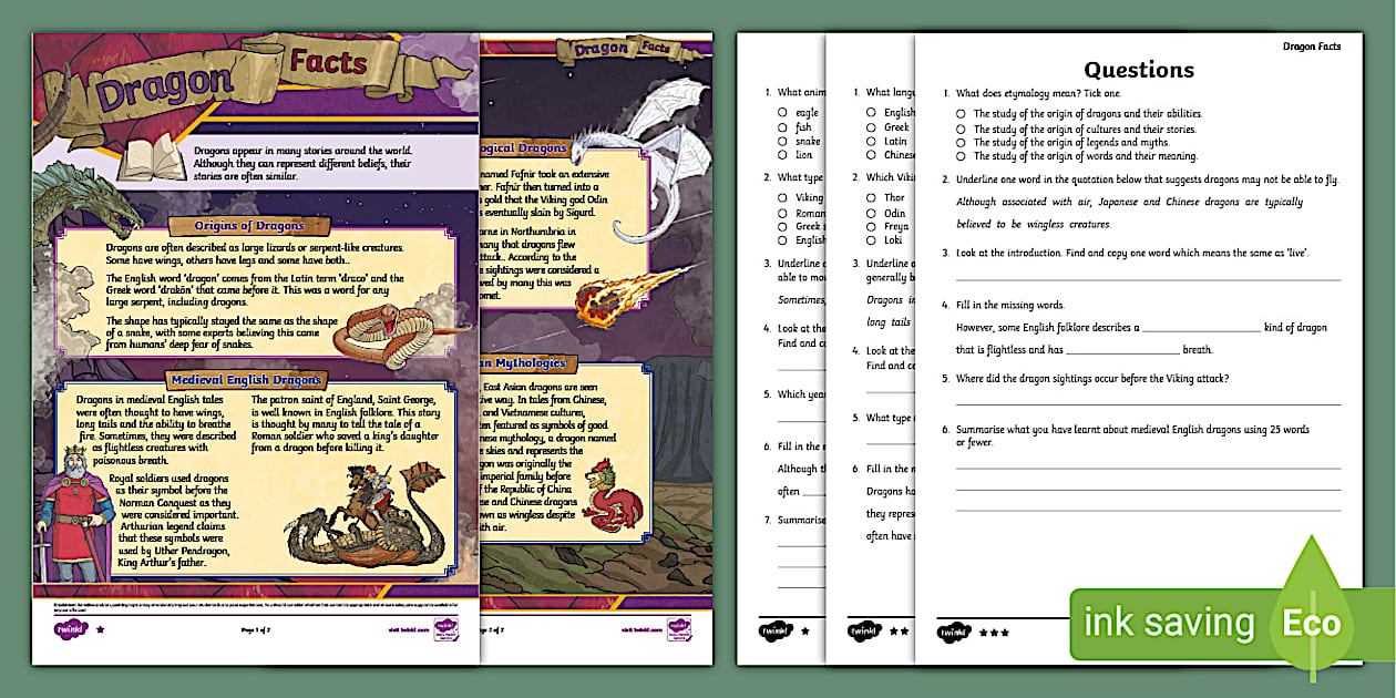 LKS2 Dragon Facts Reading Comprehension Activity - Twinkl