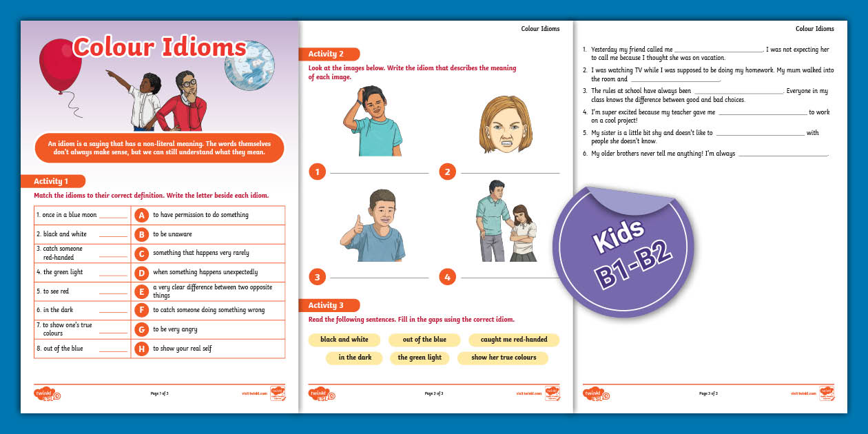 ESL Colour Idioms Activity Sheet for Kids (teacher made)