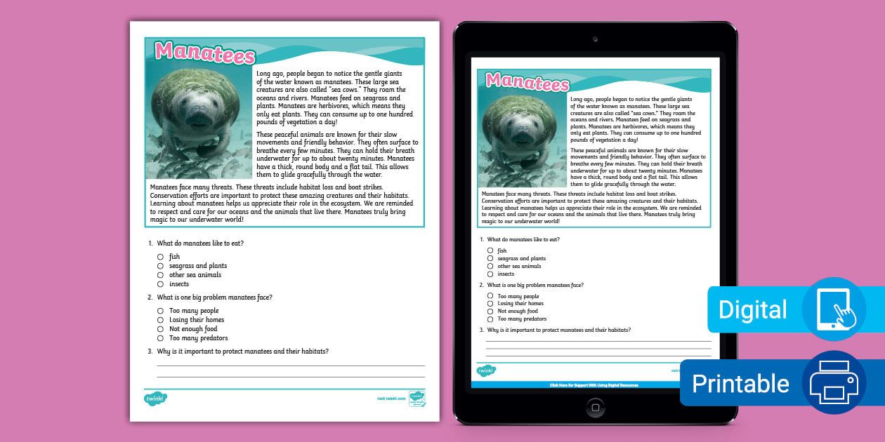 Fourth Grade Manatee Reading Passage Comprehension Worksheet