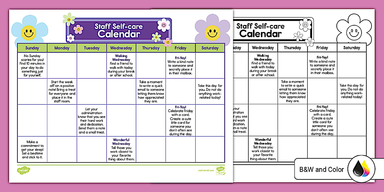 Staff Self-care Calendar | Teacher Appreciation | Twinkl USA