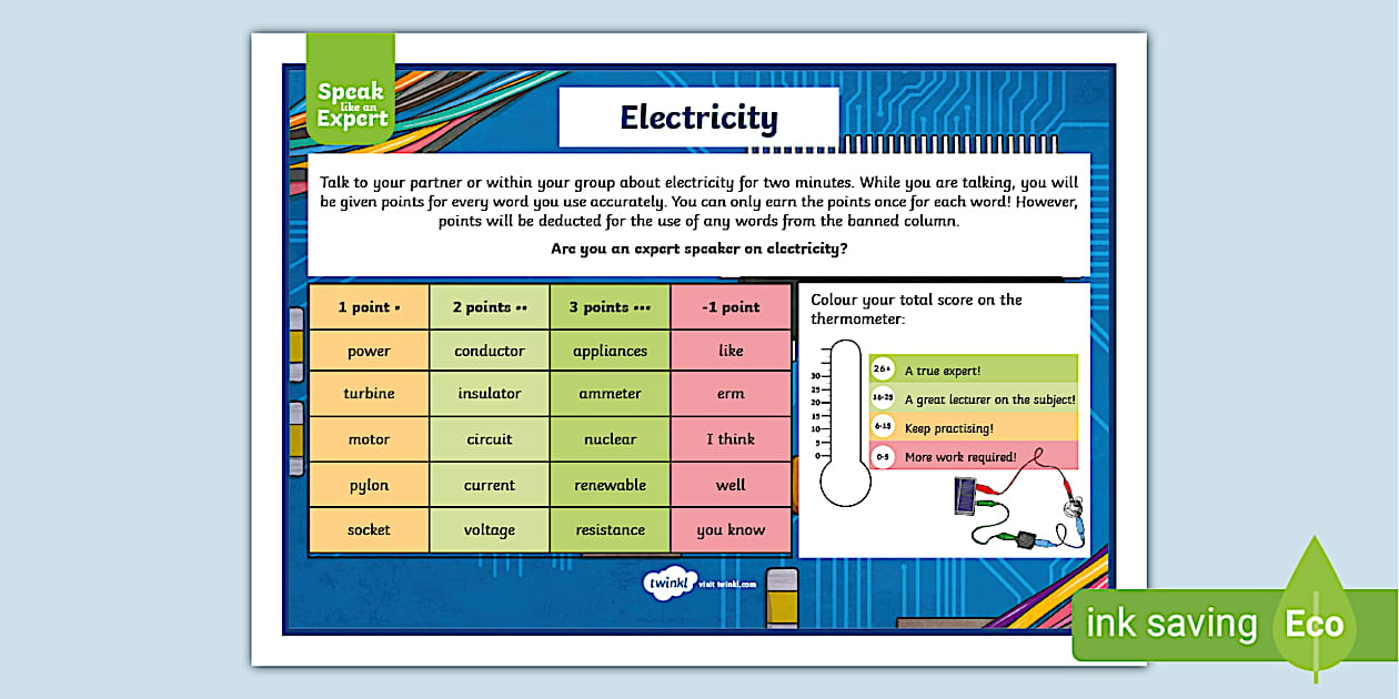 Editable KS2 Speak like an Expert Challenge Card: Electricity