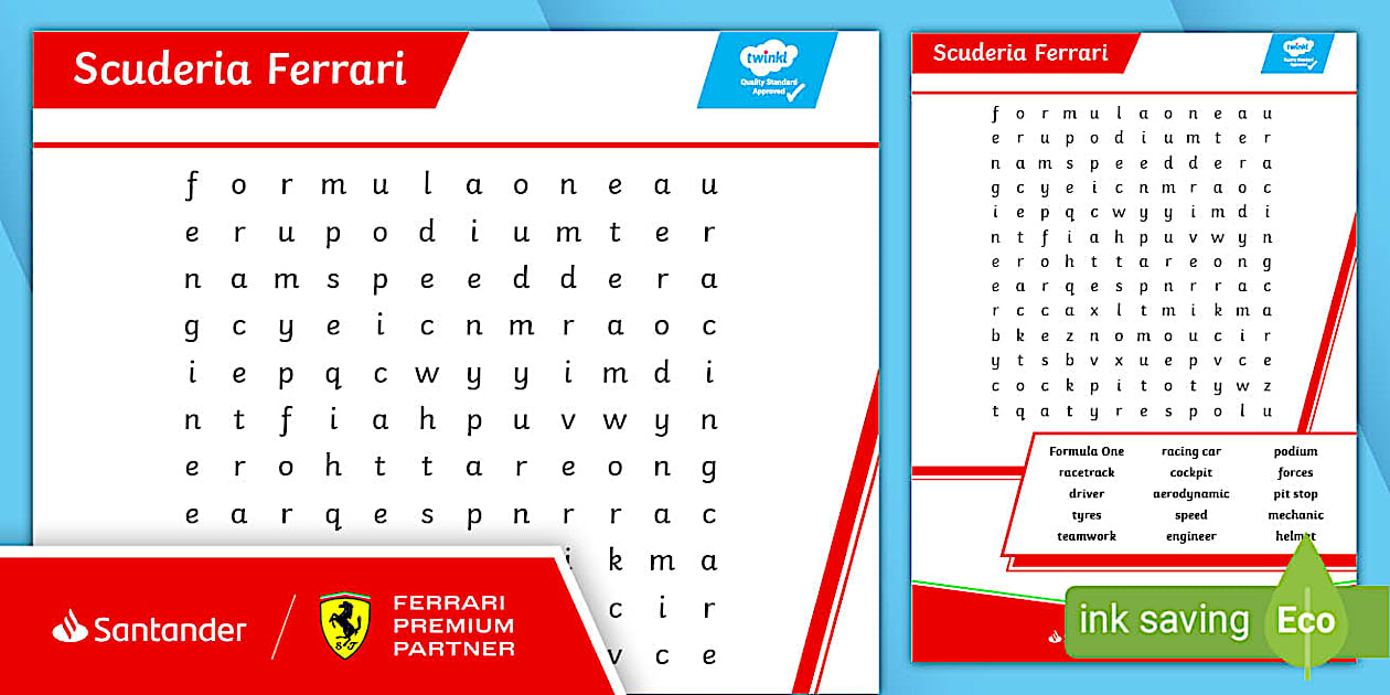 FREE! - F1 Word Search | Formula One | Scuderia Ferrari & Santander